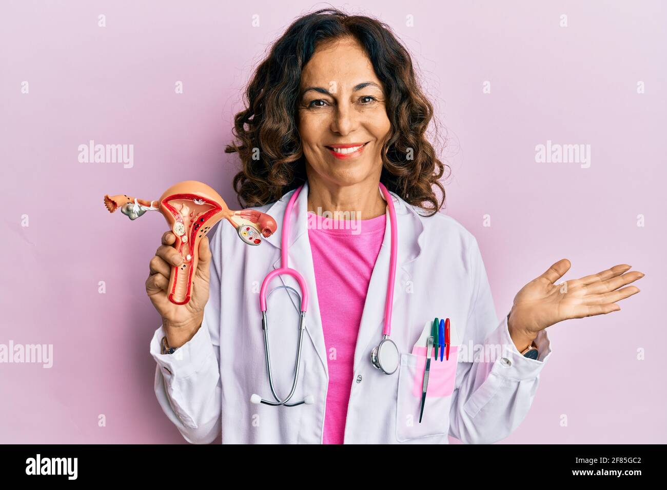 Middle age hispanic doctor woman holding anatomical model of female ...