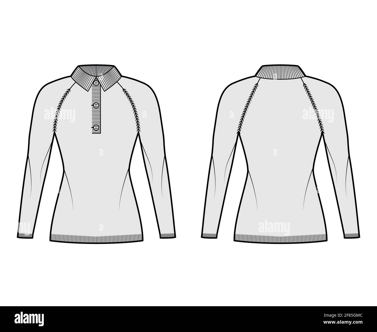 Polo Sweater technical fashion illustration with rib henley neck ...