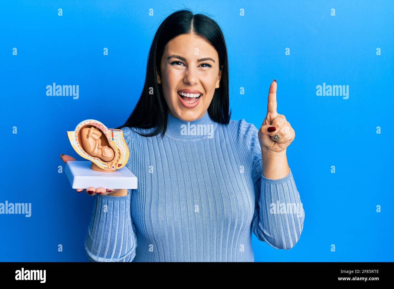 Beautiful brunette woman holding anatomical model of female uterus with ...