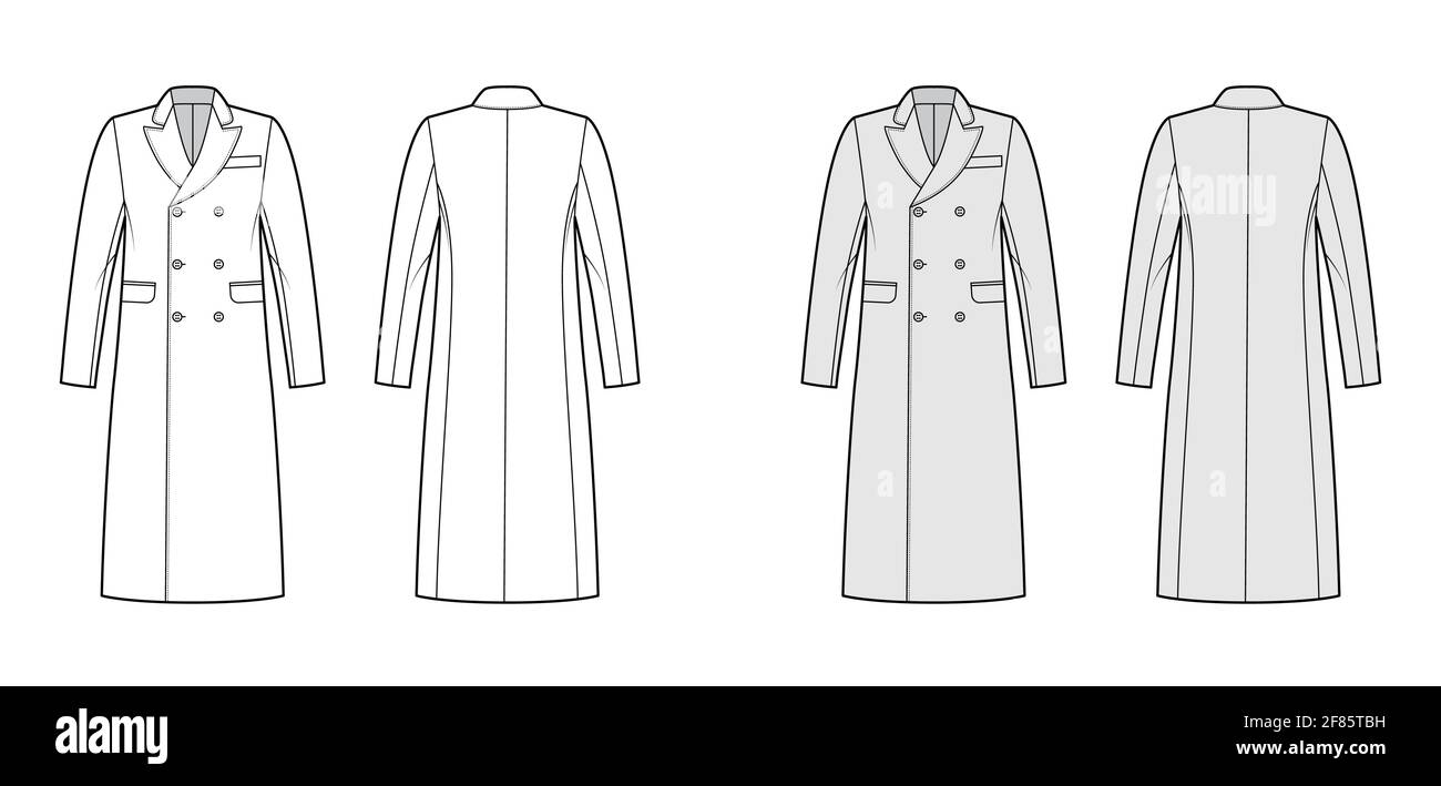 British warm overcoat technical fashion illustration with midi length ...