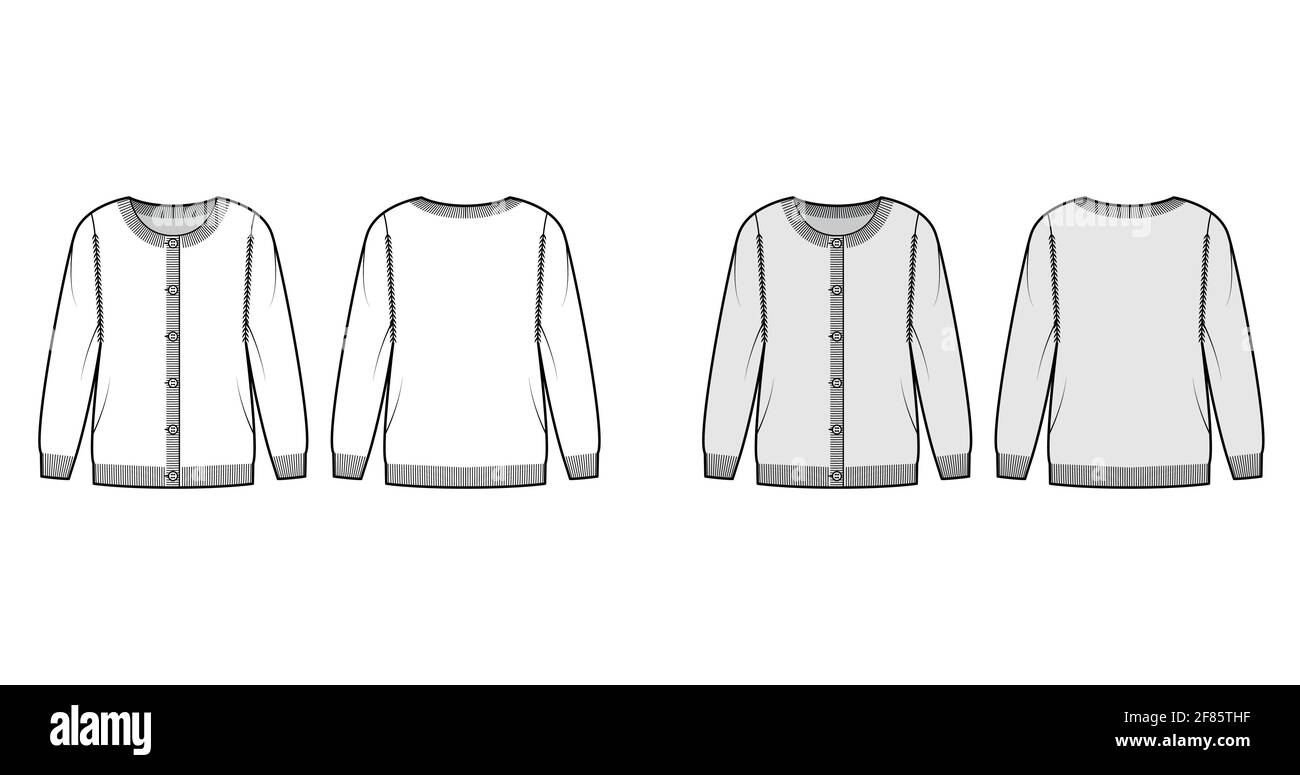 Round neck cardigan technical fashion illustration with button closure ...