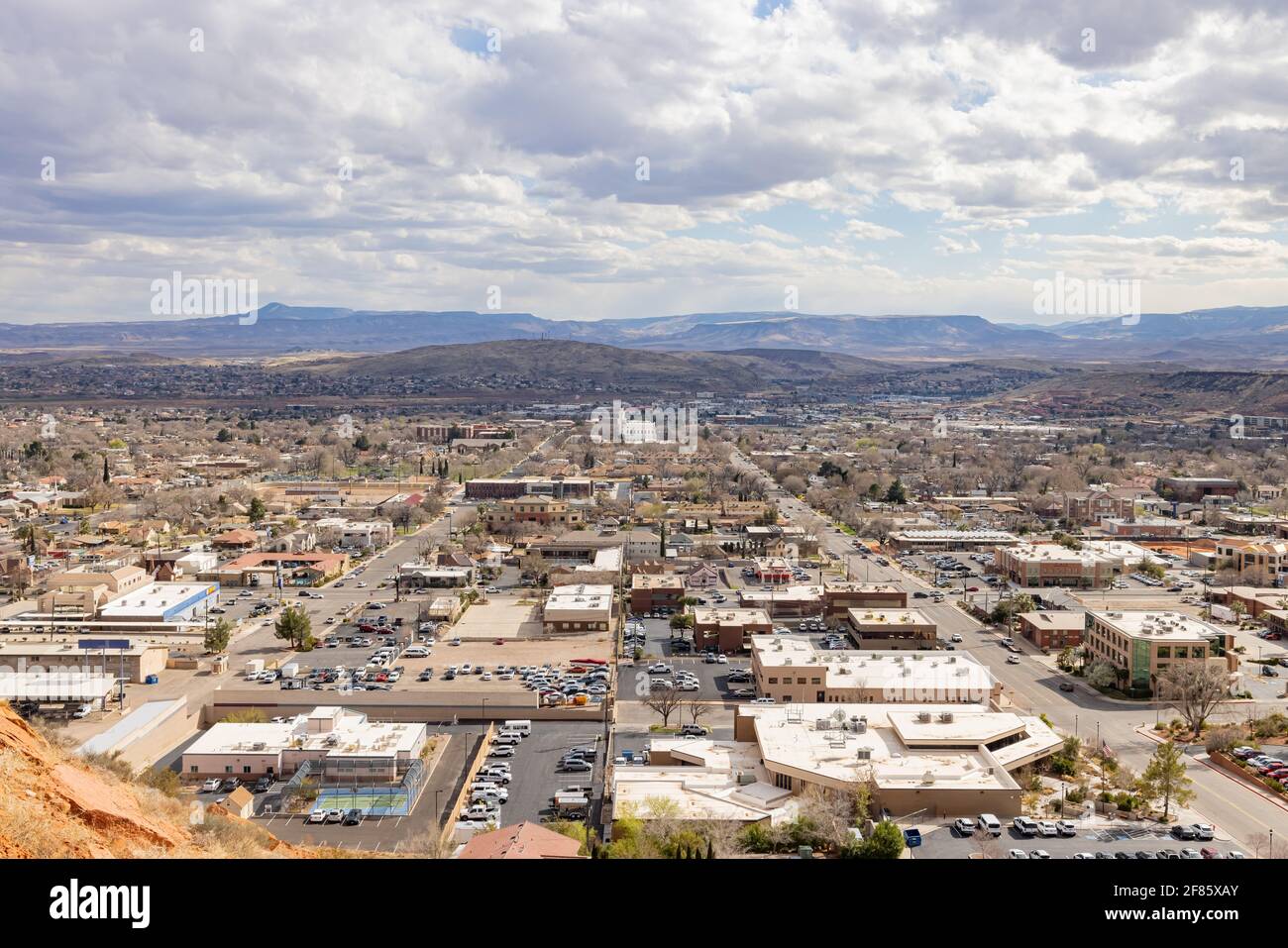 Aerial view of the cityscape of St George with the St. George Utah ...