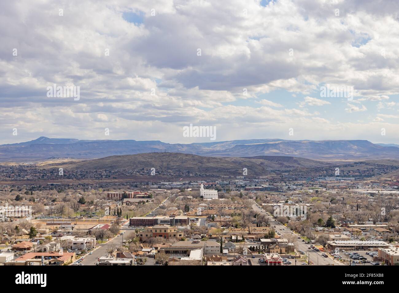 Aerial view of the cityscape of St George with the St. George Utah ...