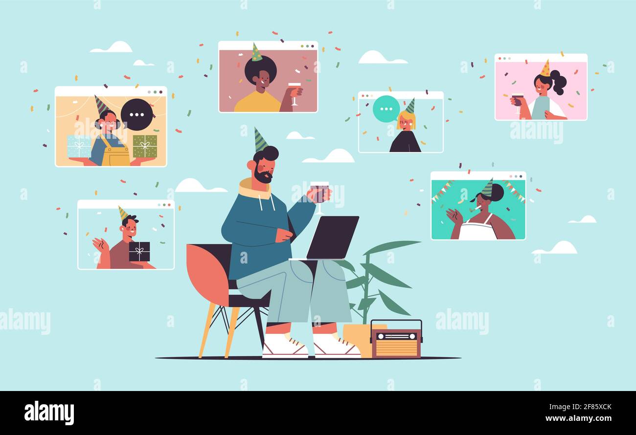 man in festive hat using laptop celebrating online birthday party with ...