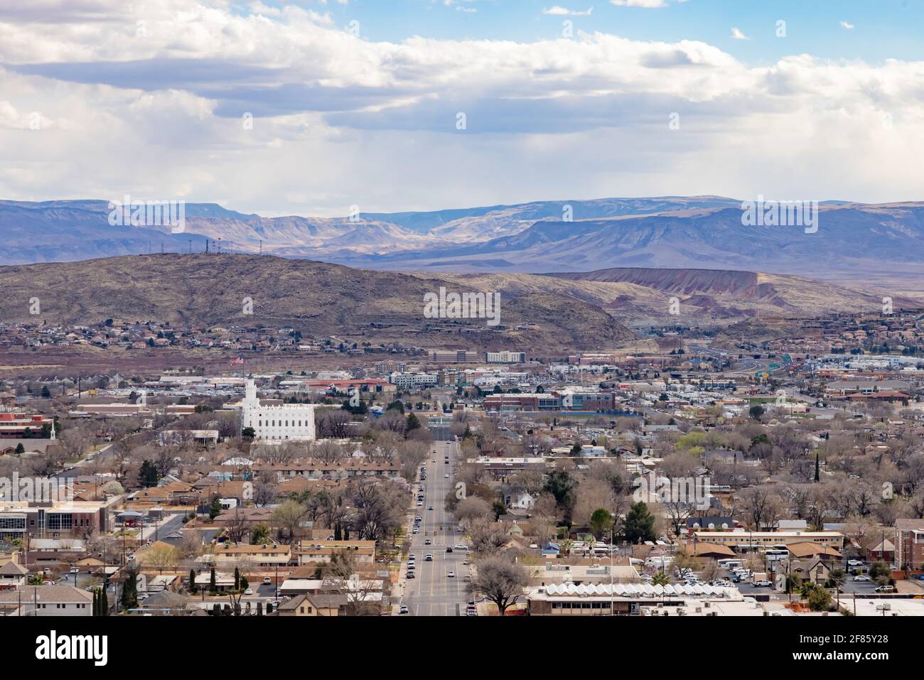 Aerial view of the cityscape of St George with the St. George Utah ...