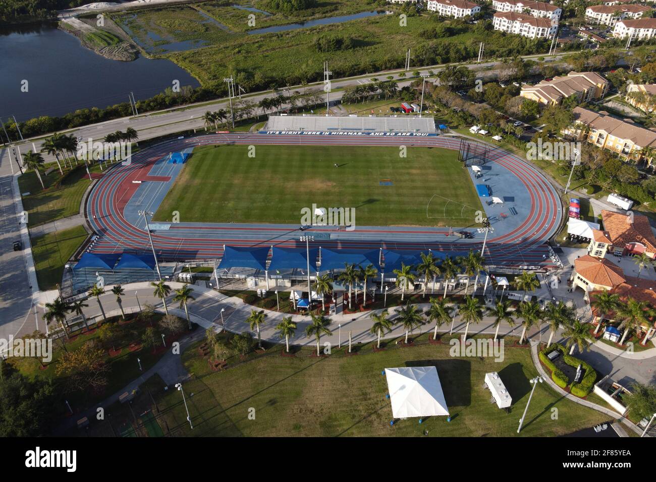 An aerial view of the track and field stadium at the Ansin Sports ...