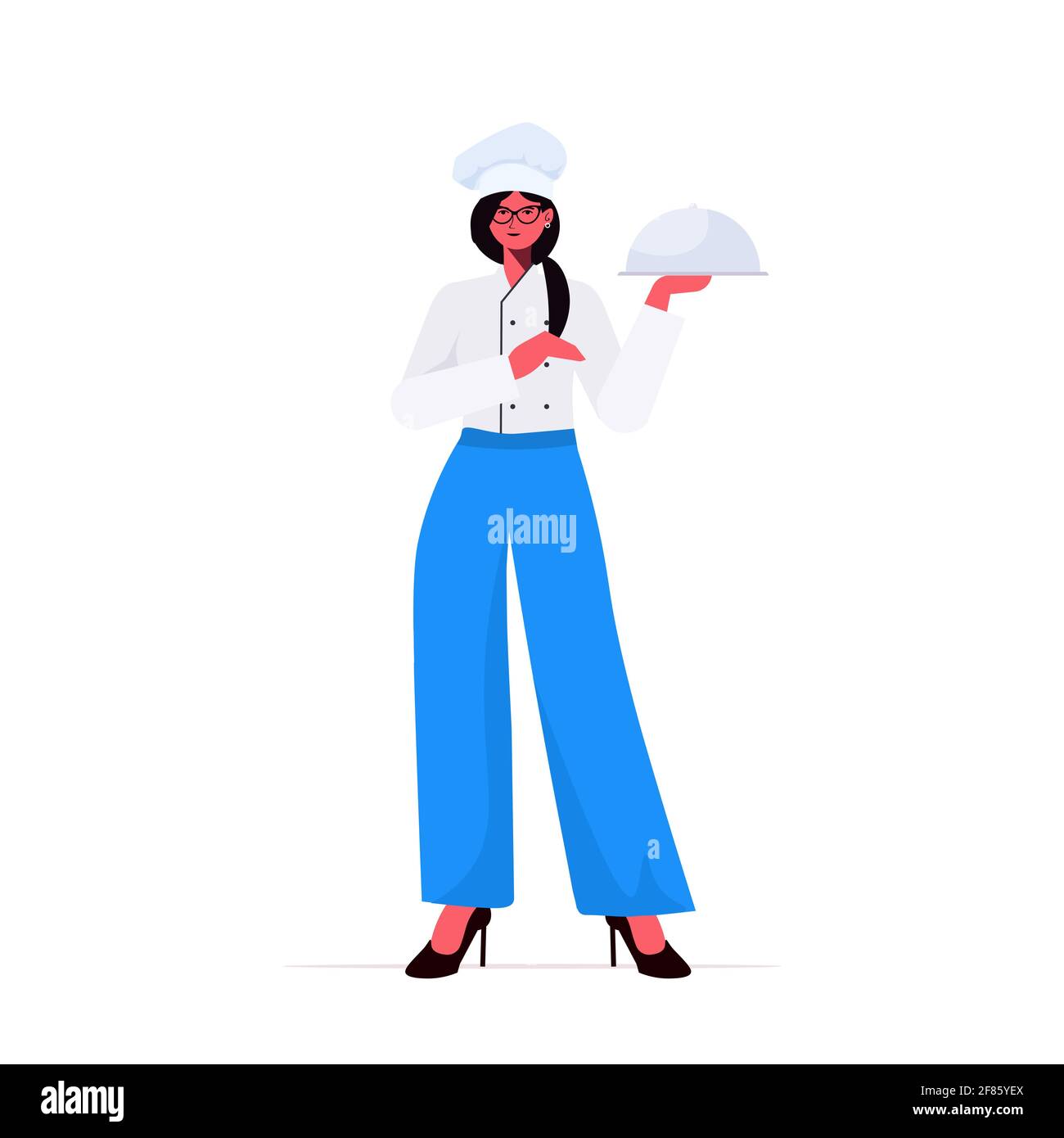 female cook in uniform woman chef holding tray cooking food industry ...