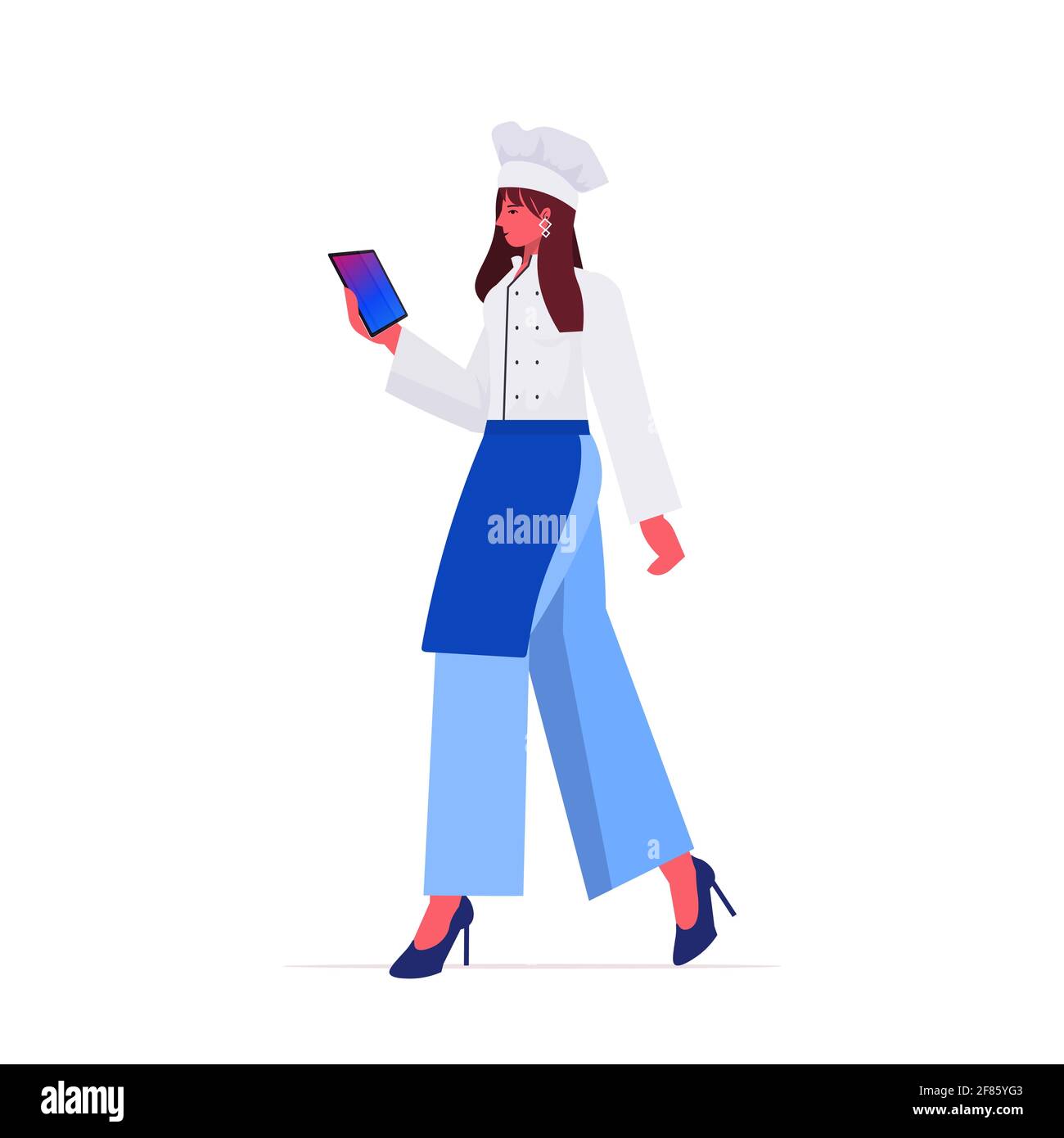 female cook in uniform woman chef using tablet pc cooking food industry ...