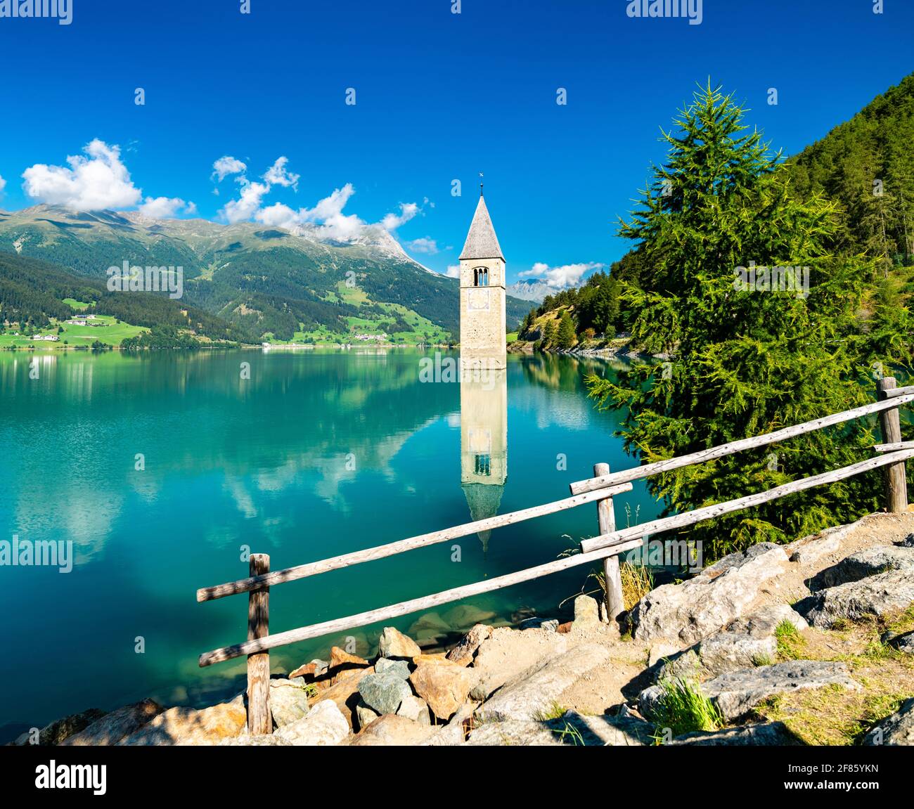 Submerged Bell Tower of Curon on Lake Reschen in South Tyrol, Italy ...