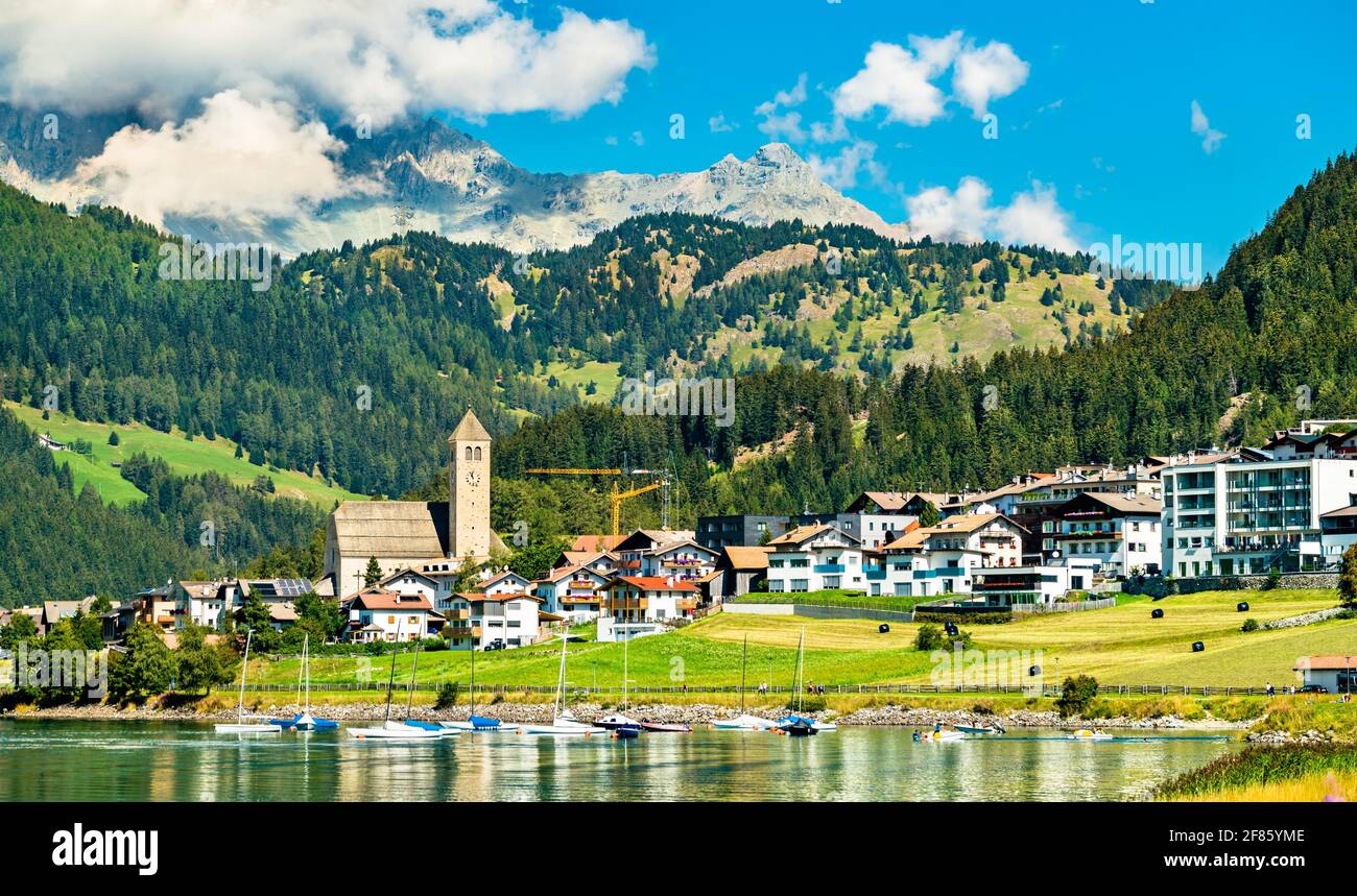 Church in Reschen am See or Resia, a village on Lake Reschen in South ...