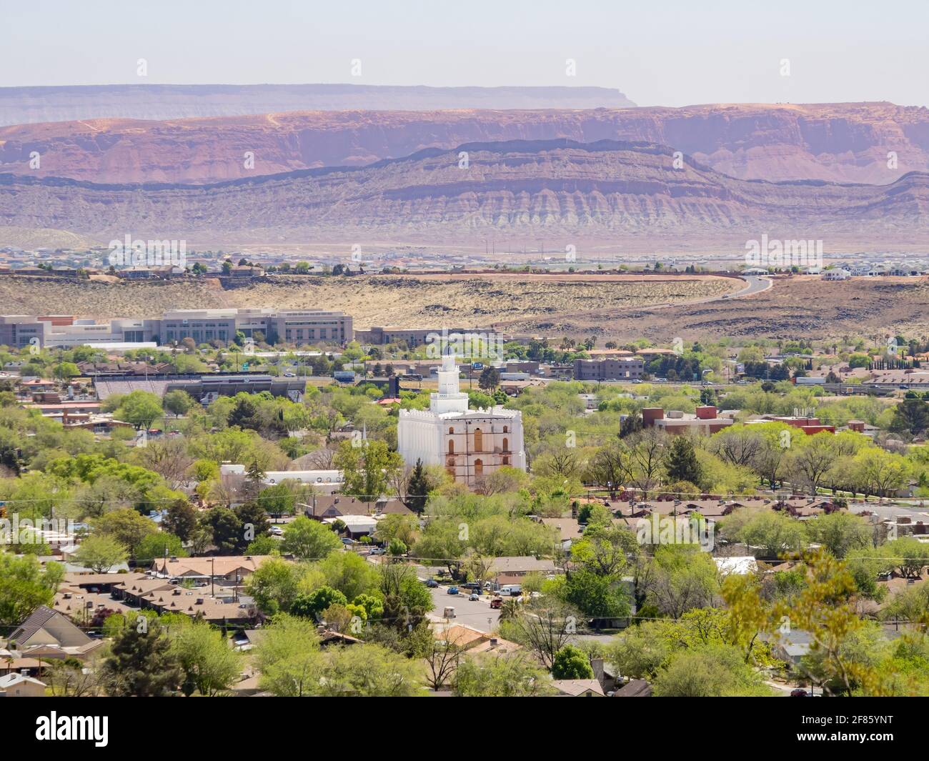 Aerial view of the cityscape of St George with the St. George Utah ...