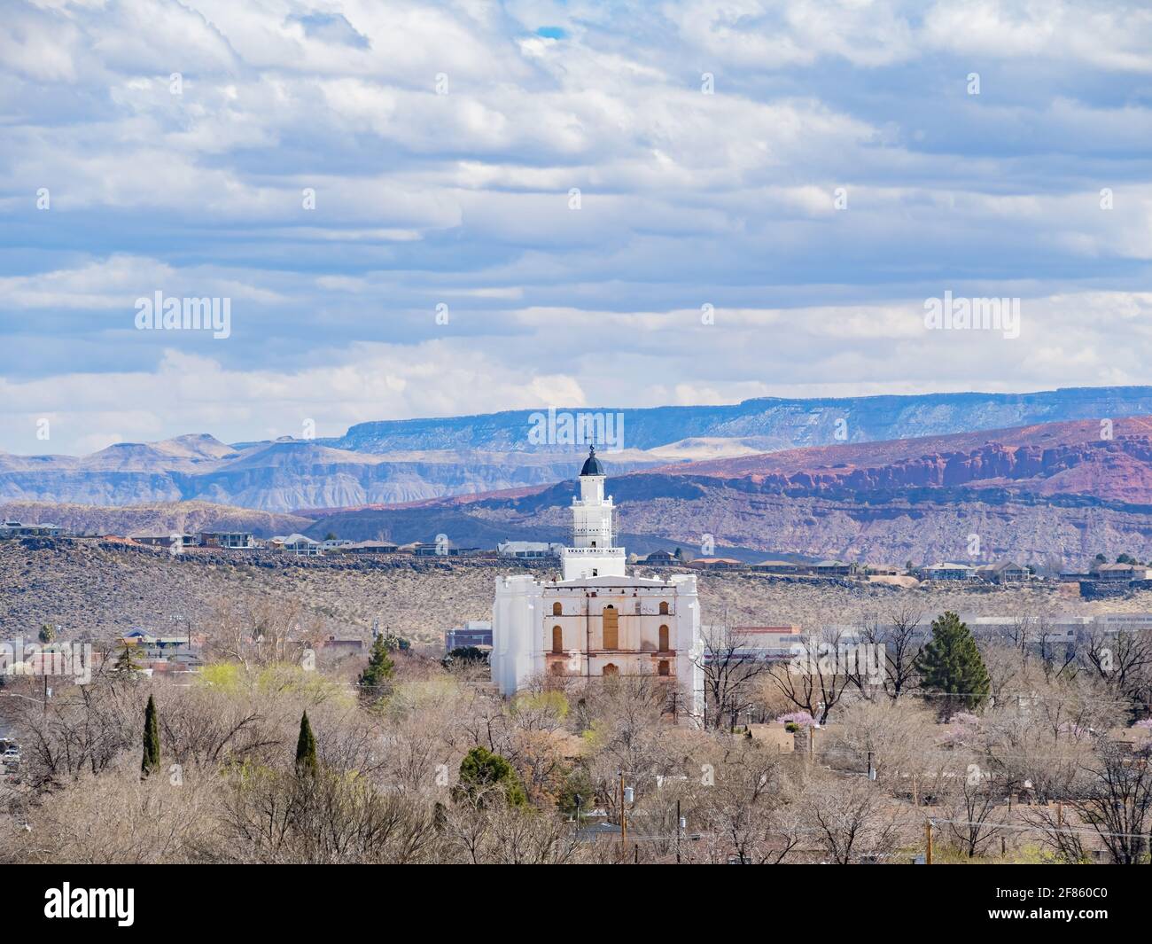 Aerial view of the cityscape of St George with the St. George Utah ...