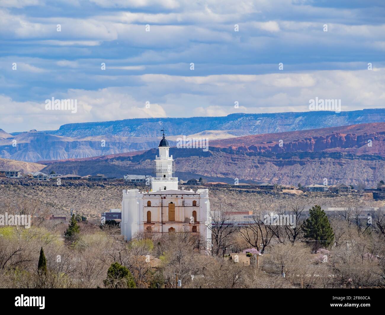 Aerial view of the cityscape of St George with the St. George Utah ...