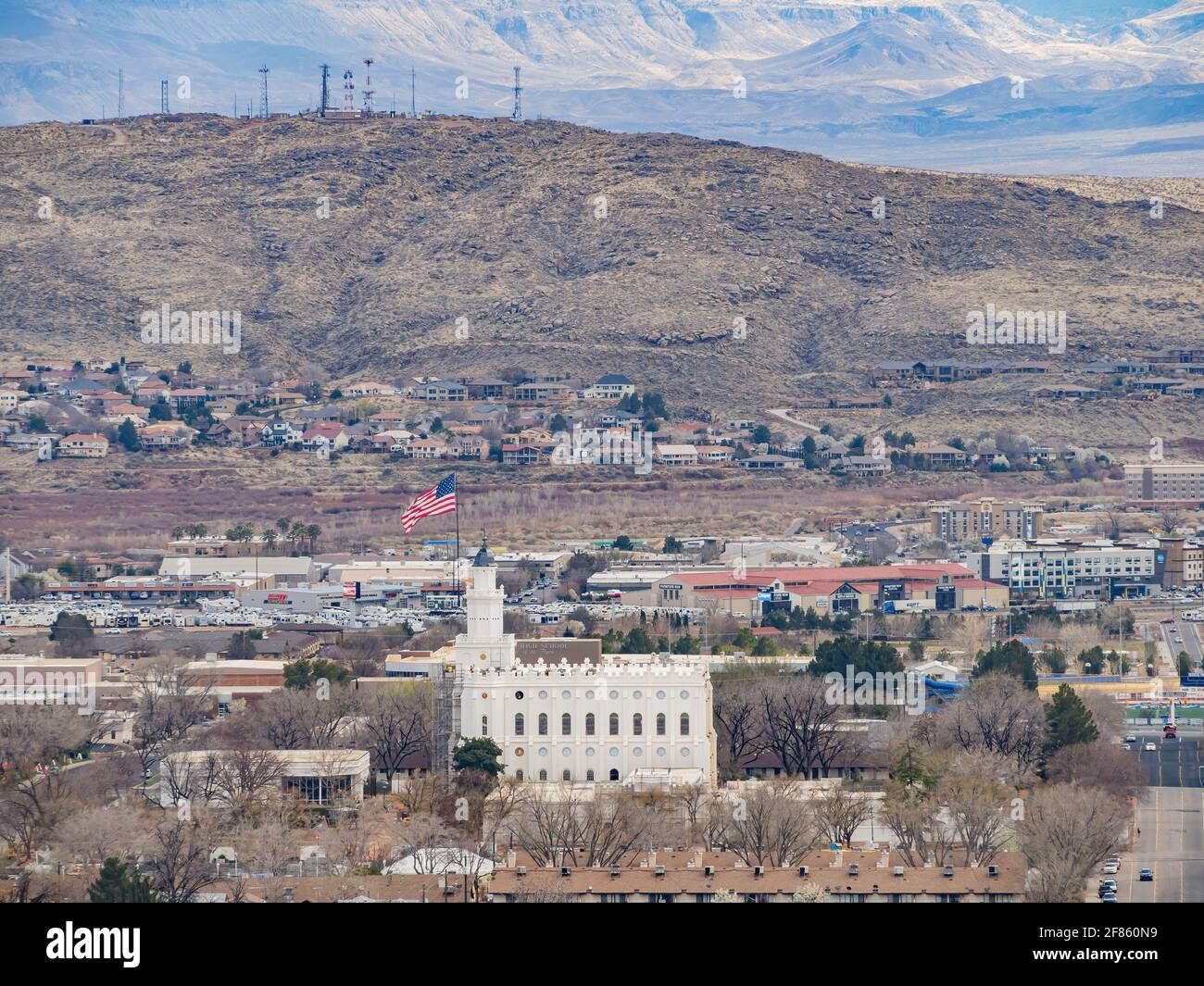 Aerial view of the cityscape of St George with the St. George Utah ...