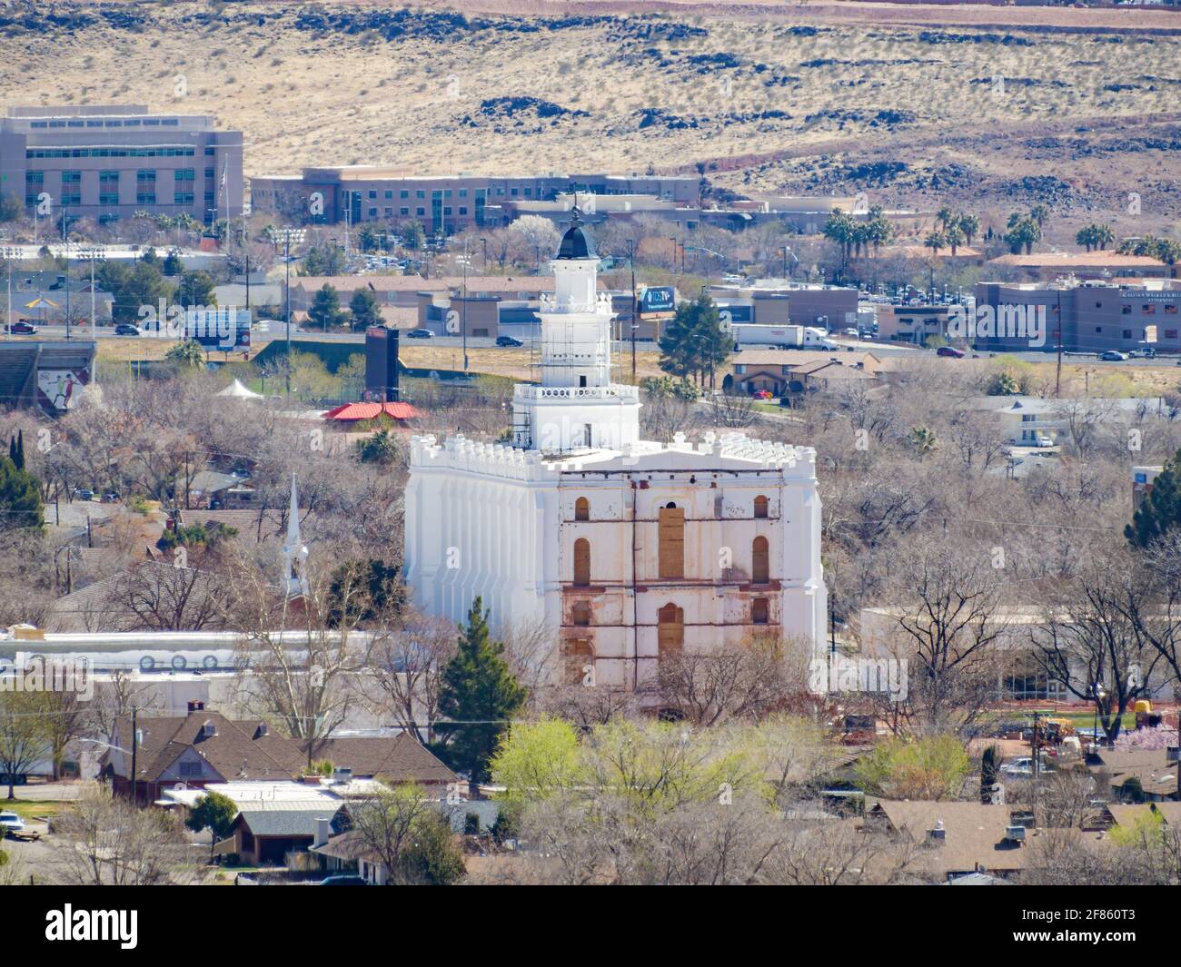 Aerial view of the cityscape of St George with the St. George Utah ...