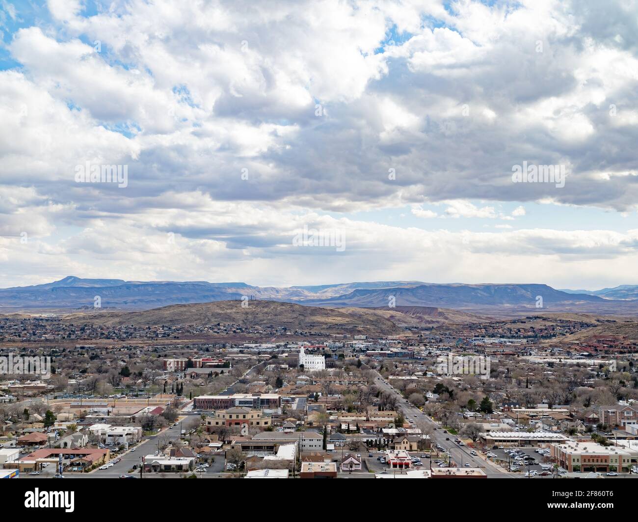 Aerial view of the cityscape of St George with the St. George Utah ...