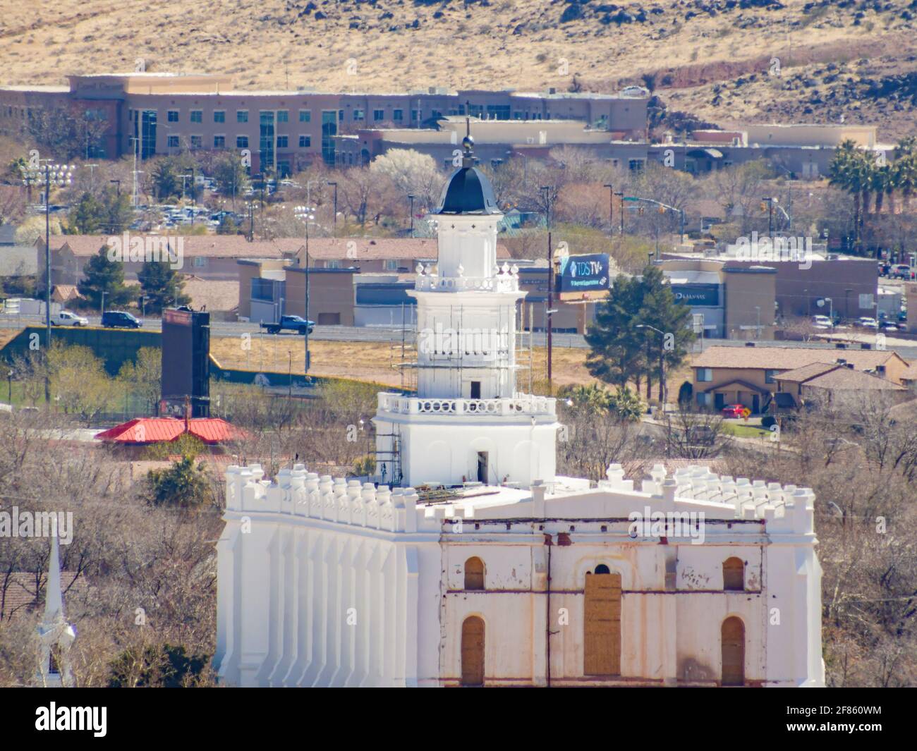 Aerial view of the cityscape of St George with the St. George Utah ...