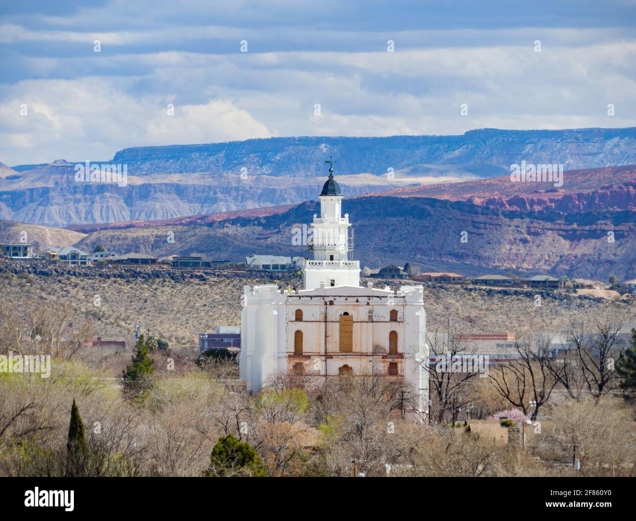 Aerial view of the cityscape of St George with the St. George Utah ...
