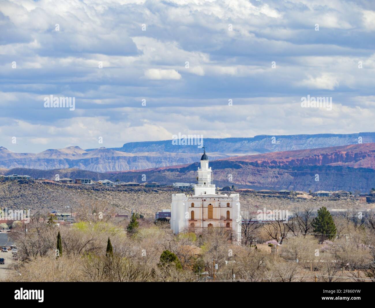 Aerial view of the cityscape of St George with the St. George Utah ...