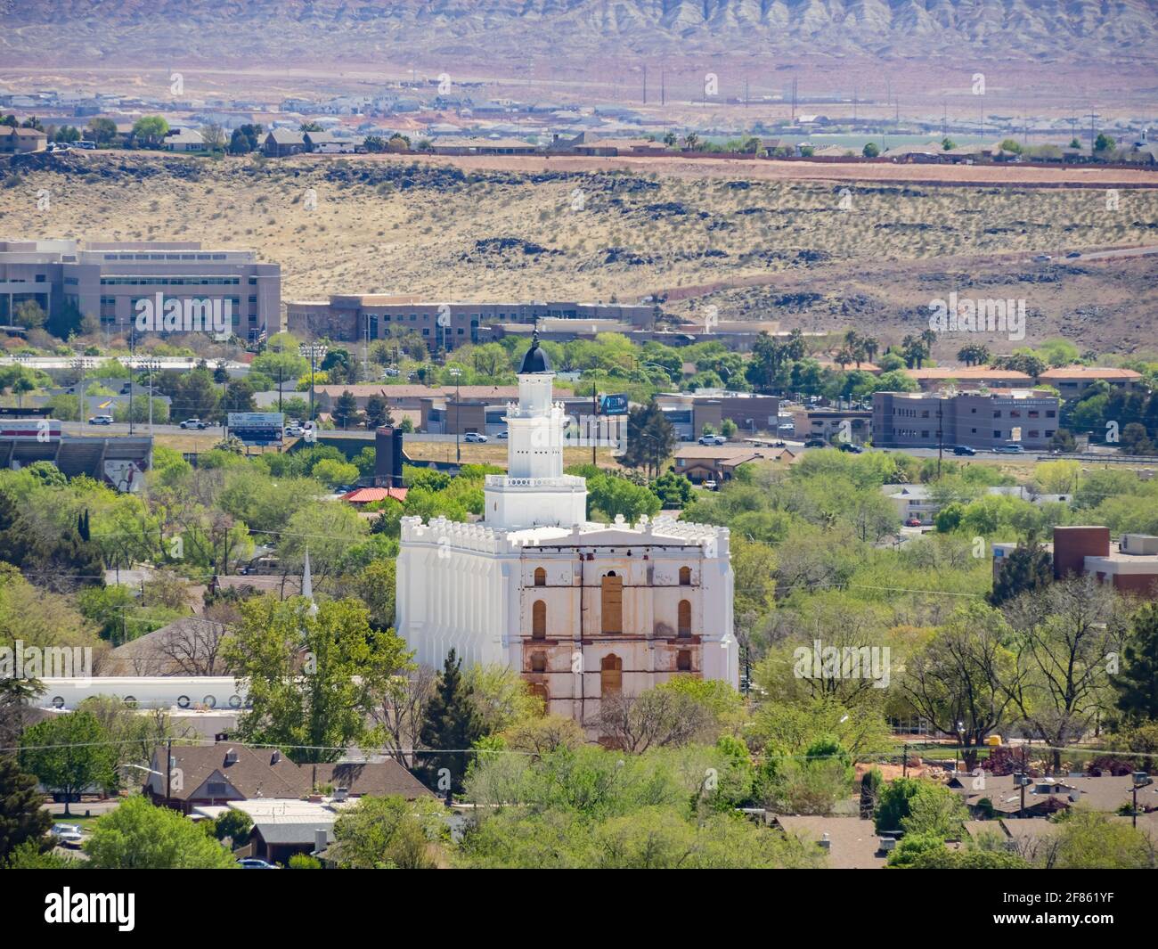 Utah, APR 10, 2021 - Aerial view of the cityscape of St George with the ...