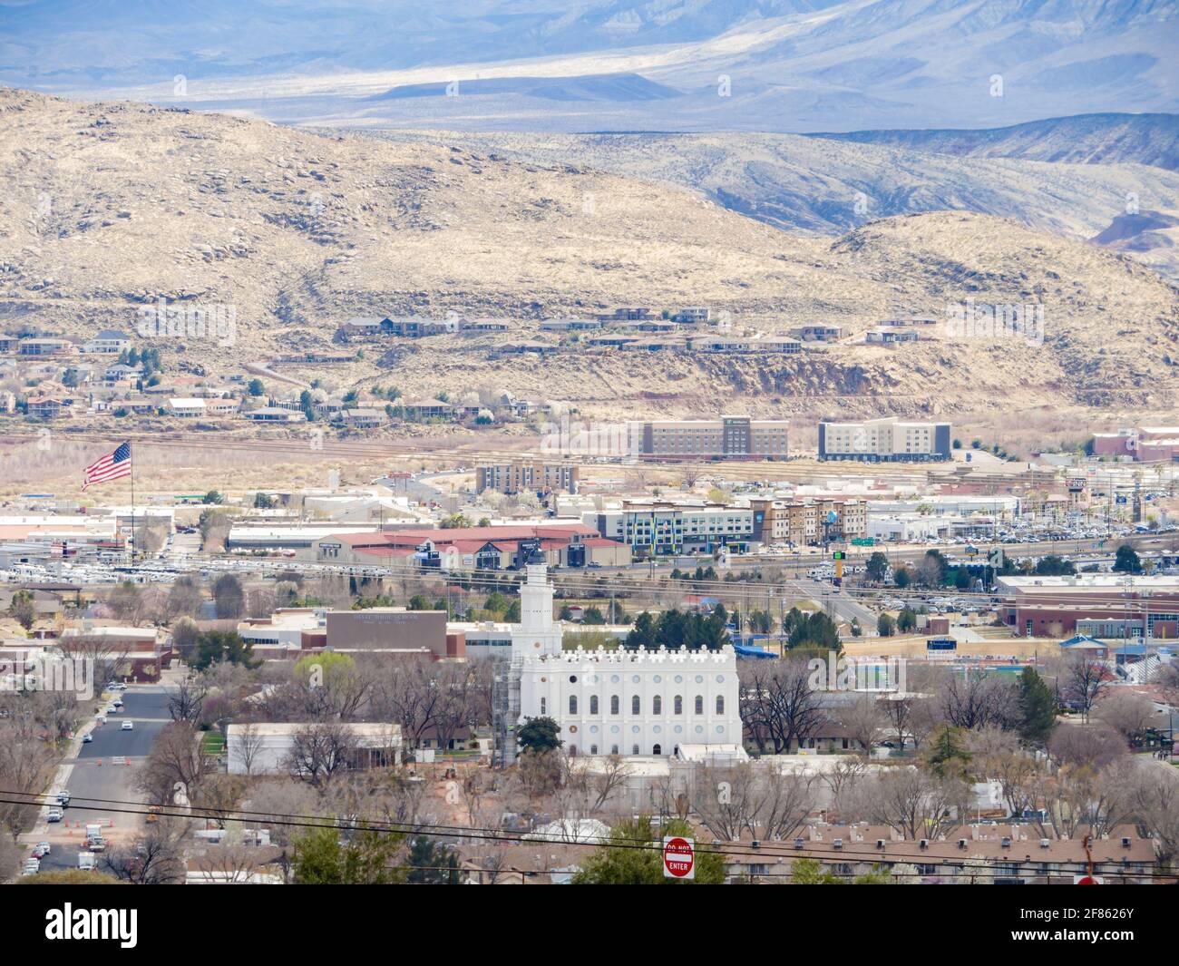 Utah, MAR 15, 2021 - Aerial view of the cityscape of St George with the ...