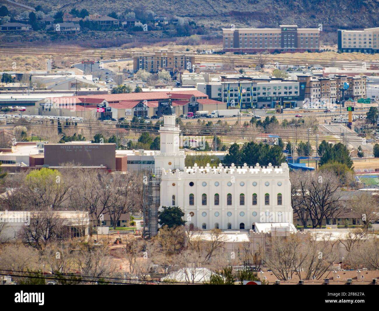 Utah, MAR 15, 2021 - Aerial view of the cityscape of St George with the ...
