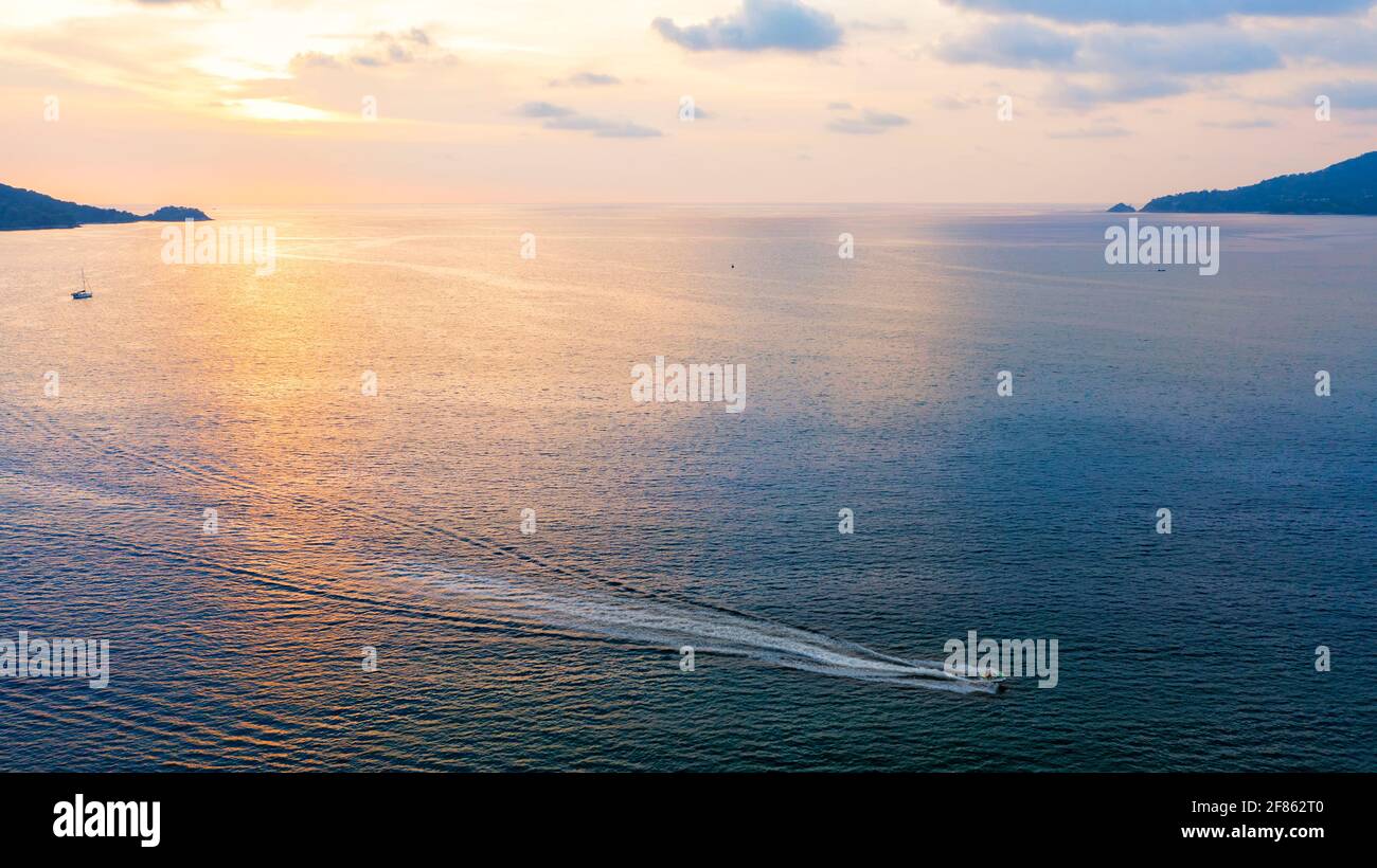 Drone view. Holiday at tropical sea with sunset sky. Beautiful sunset ...