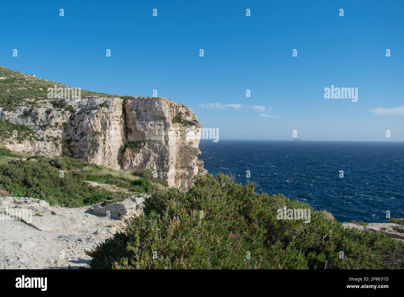 RABAT, MALTA - Feb 10, 2021: Limestone sheer cliffs showing layers of ...