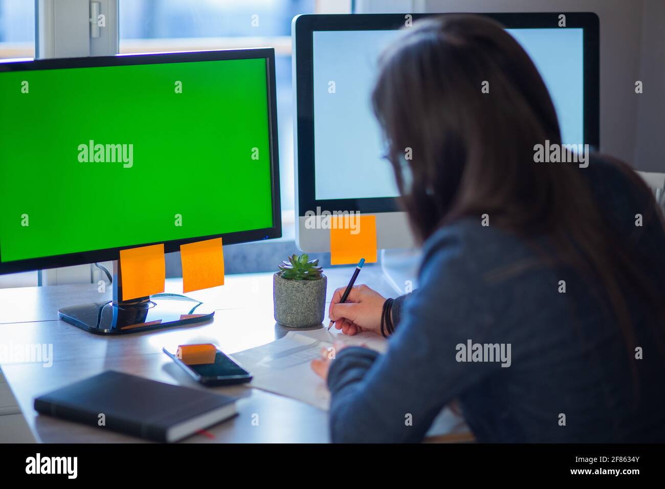 Back view of a female architect drawing and working on her new project ...