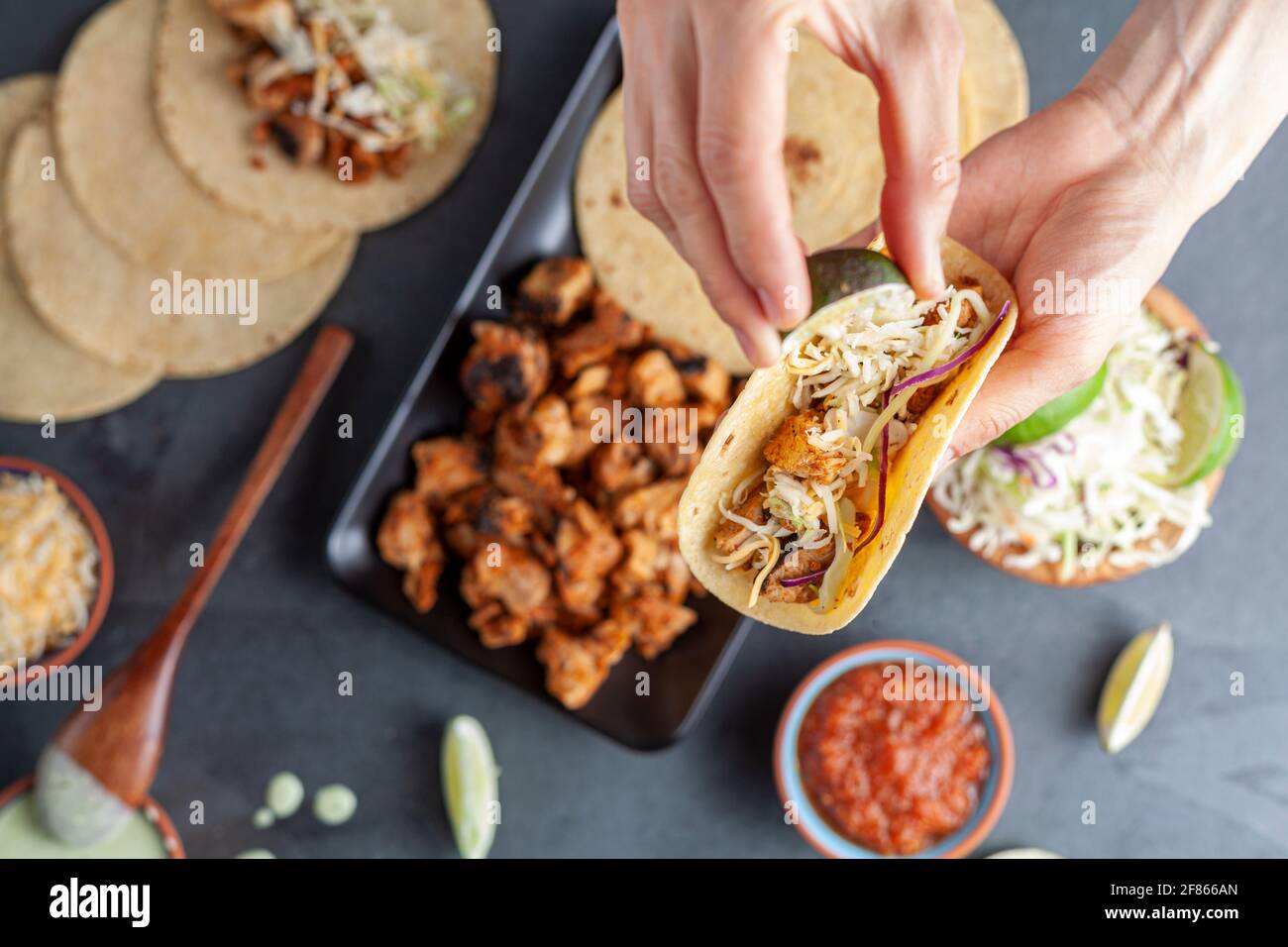 Closeup image of a Mexican taco dish with corn tortillas, precooked ...