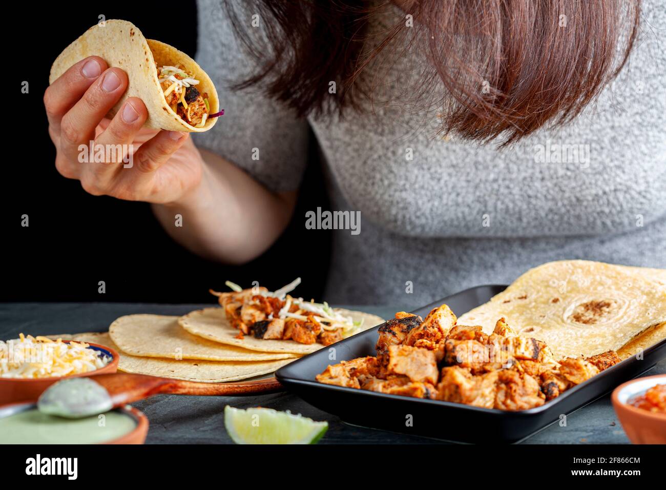 Closeup image of a Mexican taco dish with corn tortillas, precooked ...