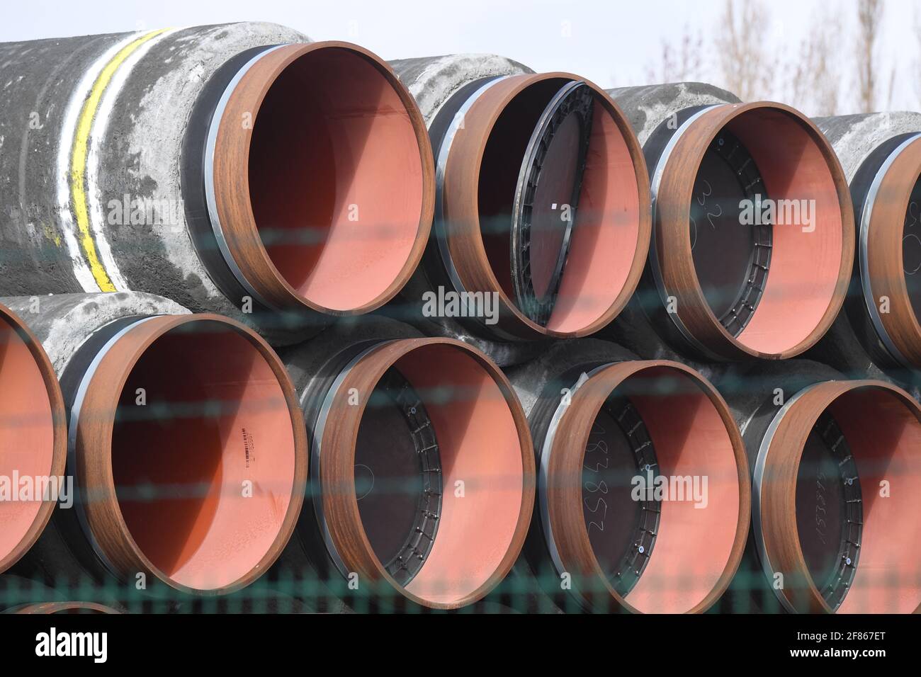 Mukran, Germany. 08th Apr, 2021. Pipes for the construction of the Nord ...