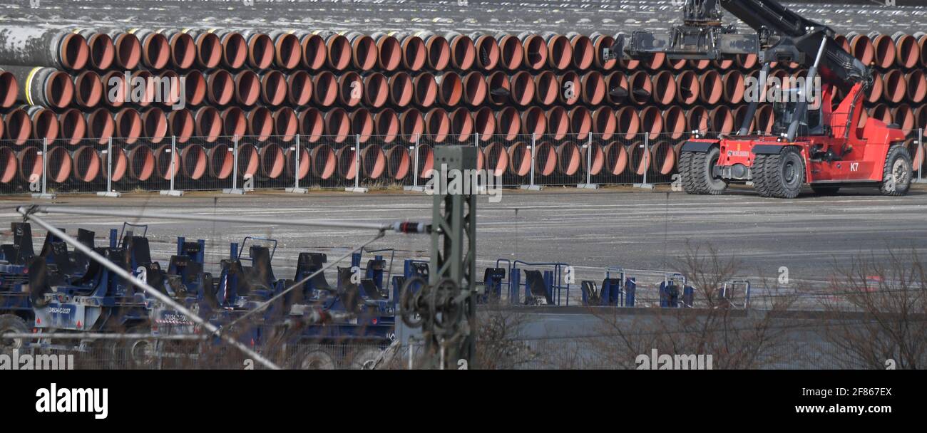 Mukran, Germany. 08th Apr, 2021. Pipes for the construction of the Nord ...
