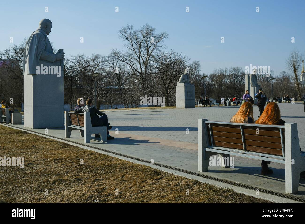 Visitors are seen at the monuments to Soviet designers of rocketry. The ...
