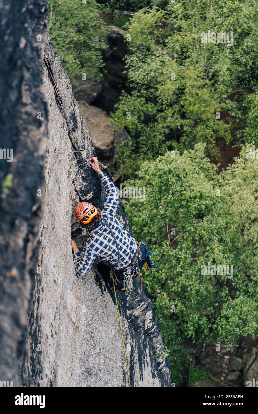 Rock climbing on sadnstone towers in Czechia Stock Photo - Alamy