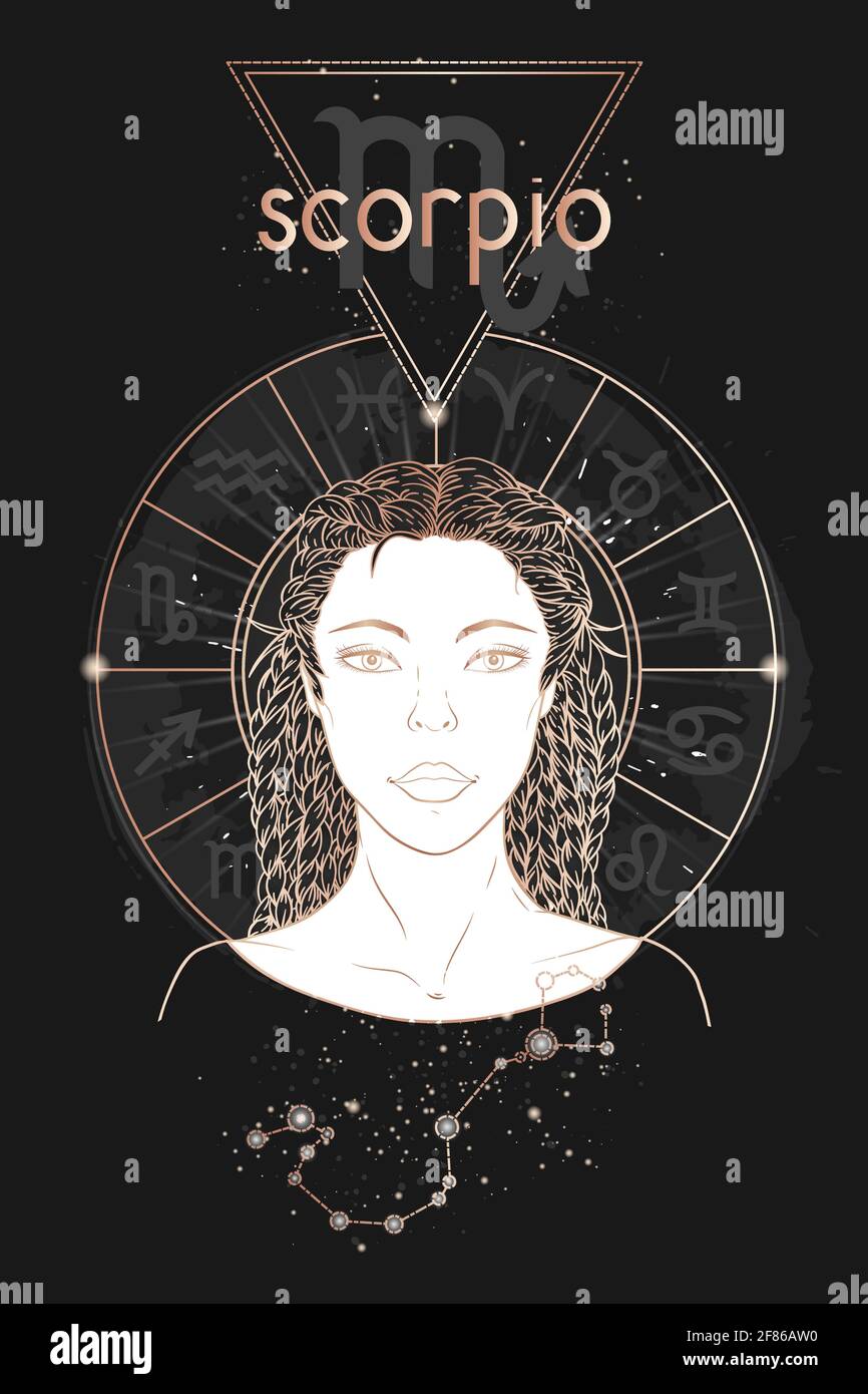 Gold astrology card. Zodiac sign Scorpio, constellation and beautiful ...