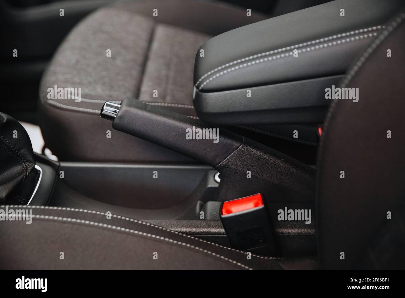 Interior of modern car. Comfortable black seats. Hand brake Stock Photo ...