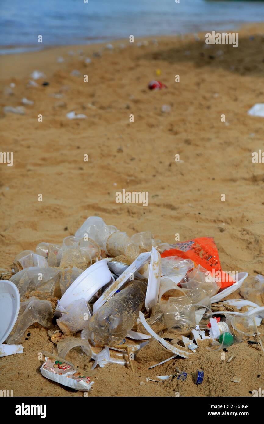 salvador, bahia, brazil january 4, 2021: garbage is seen in the sand of ...