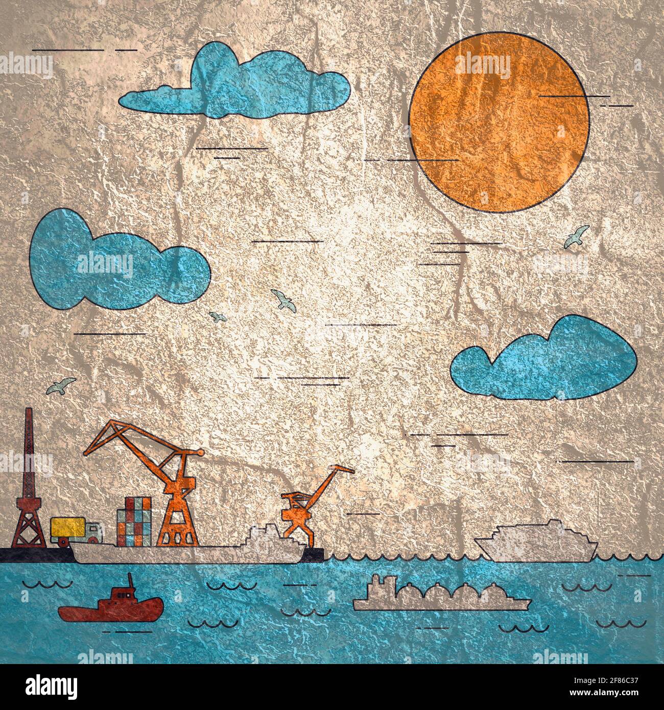 Sea port, marine cargo terminal, freight vessels or ships carrying ...