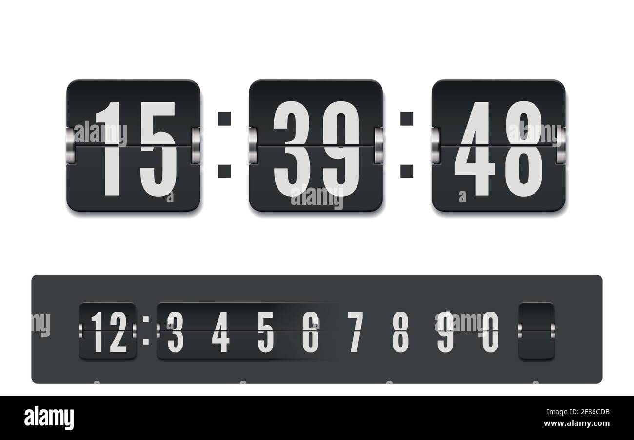 Scoreboard number font with shadows. Vector modern ui design of retro time meter with numbers ...