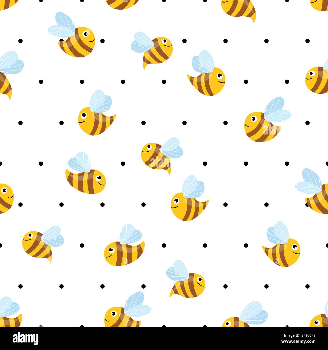 Seamless pattern with bees on white polka dots background. Small wasp ...