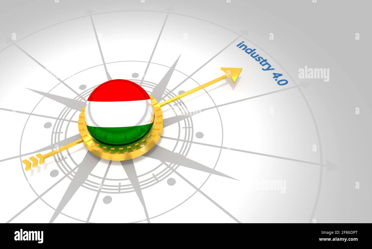Industry four point zero. 3D rendering. Abstract compass points to the ...