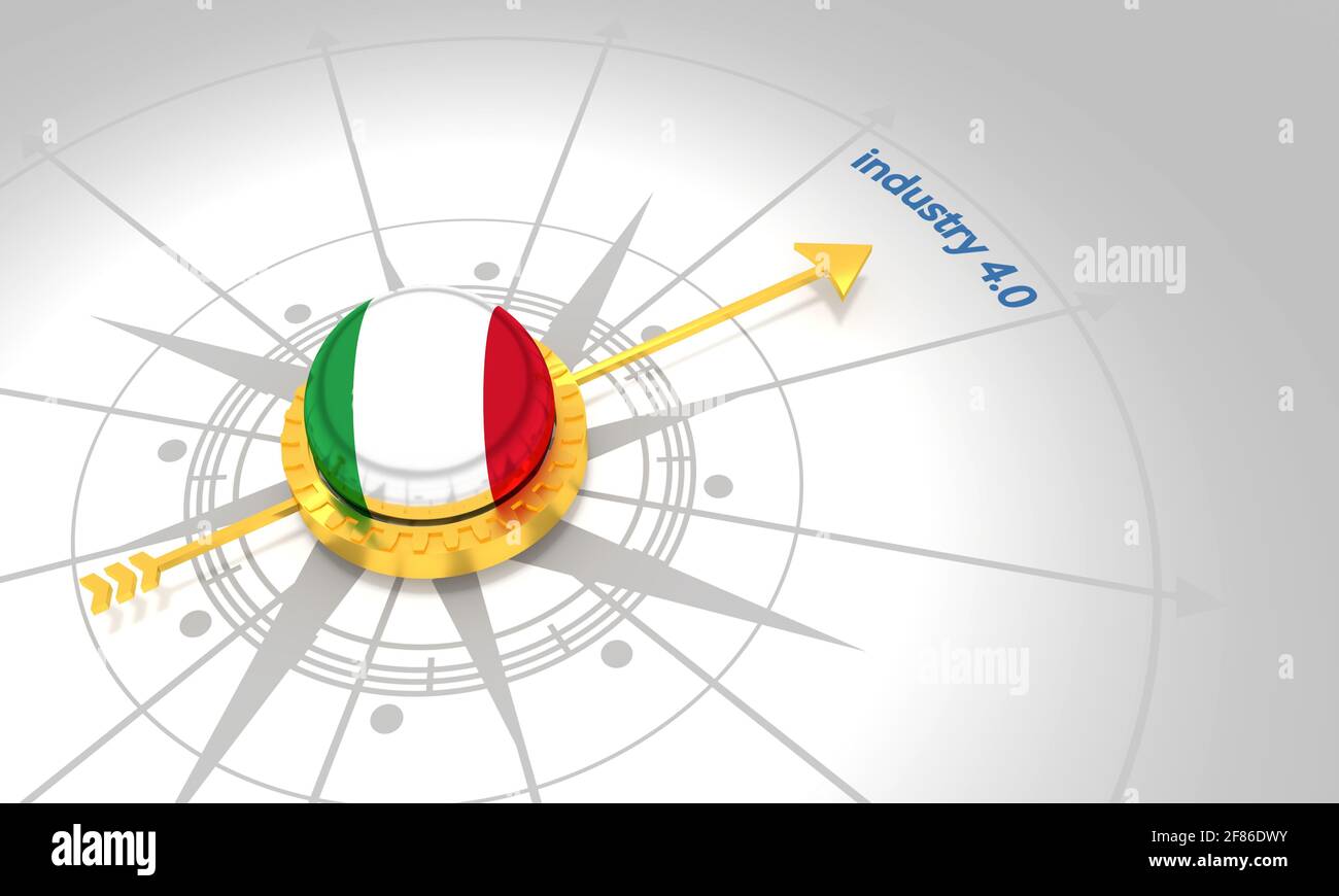 Industry four point zero. 3D rendering. Abstract compass points to the ...