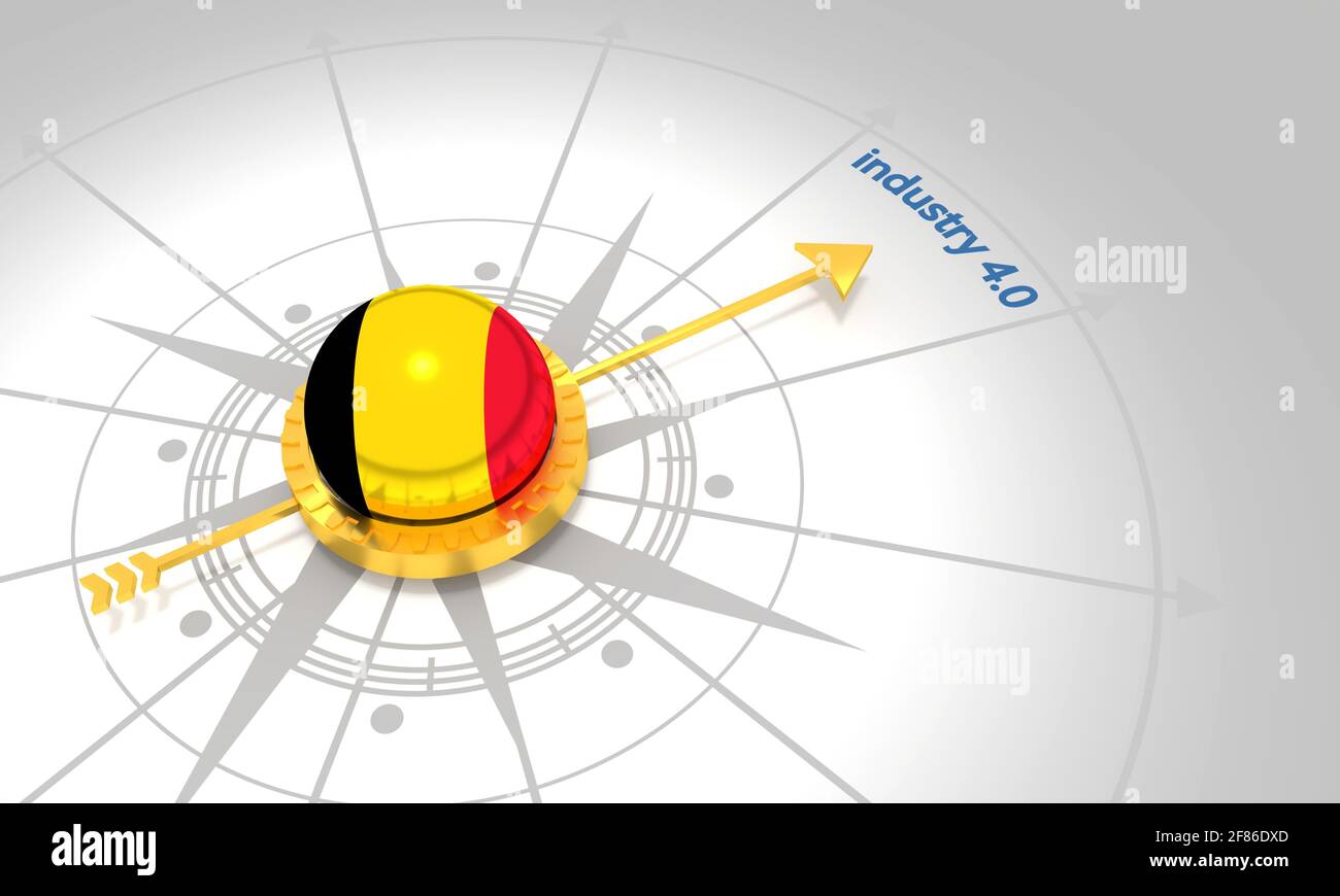 Industry four point zero. 3D rendering. Abstract compass points to the ...