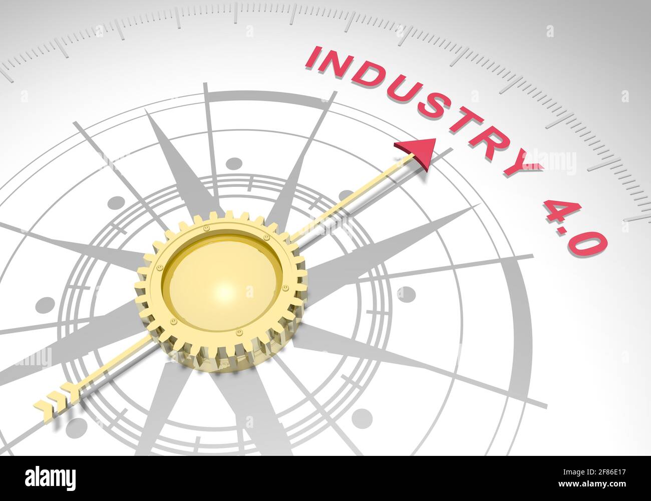 Abstract compass points to the industry four point zero text. 3D ...