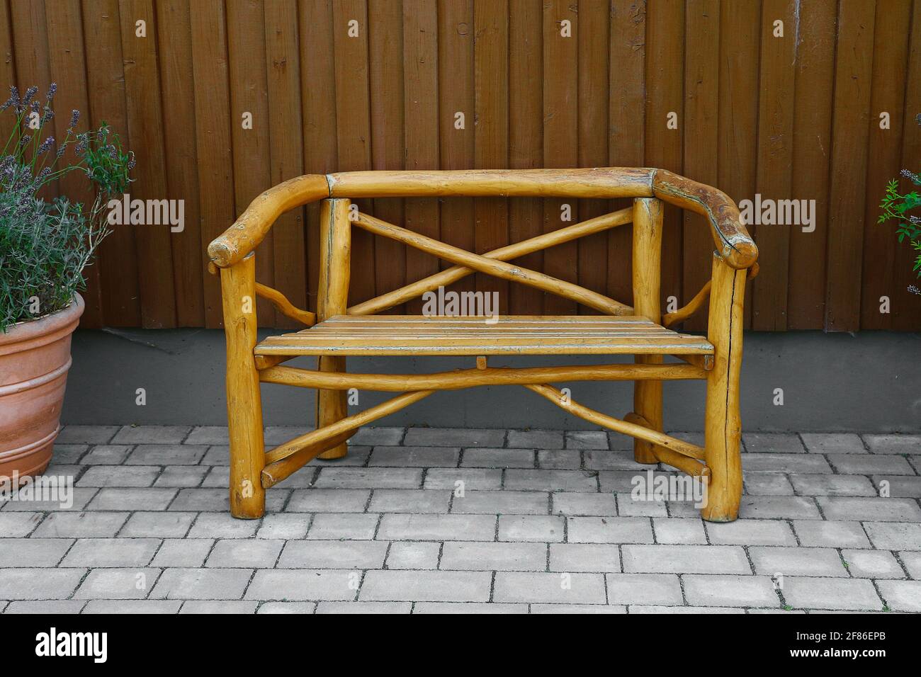 Closeup view of a wooden bench next to a plant in a pot in front of a ...