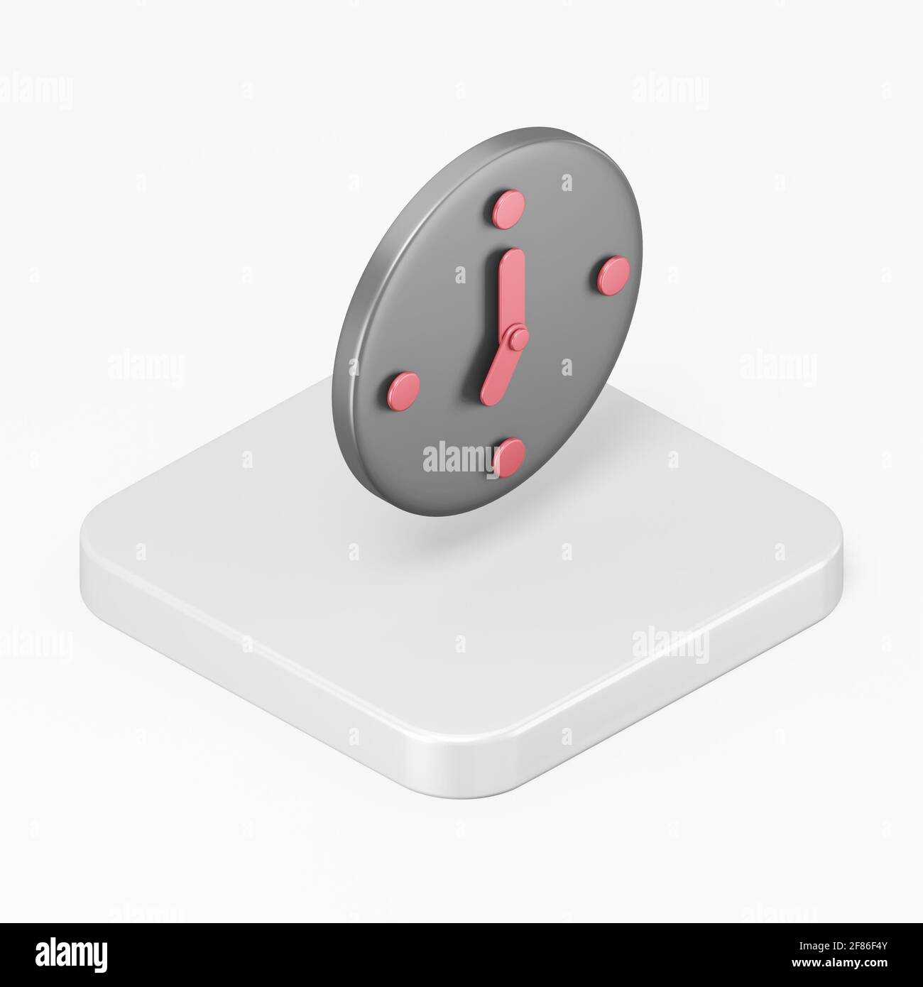 Black wall clock icon with red arrows. 3d rendering square button key isometric view, interface ...
