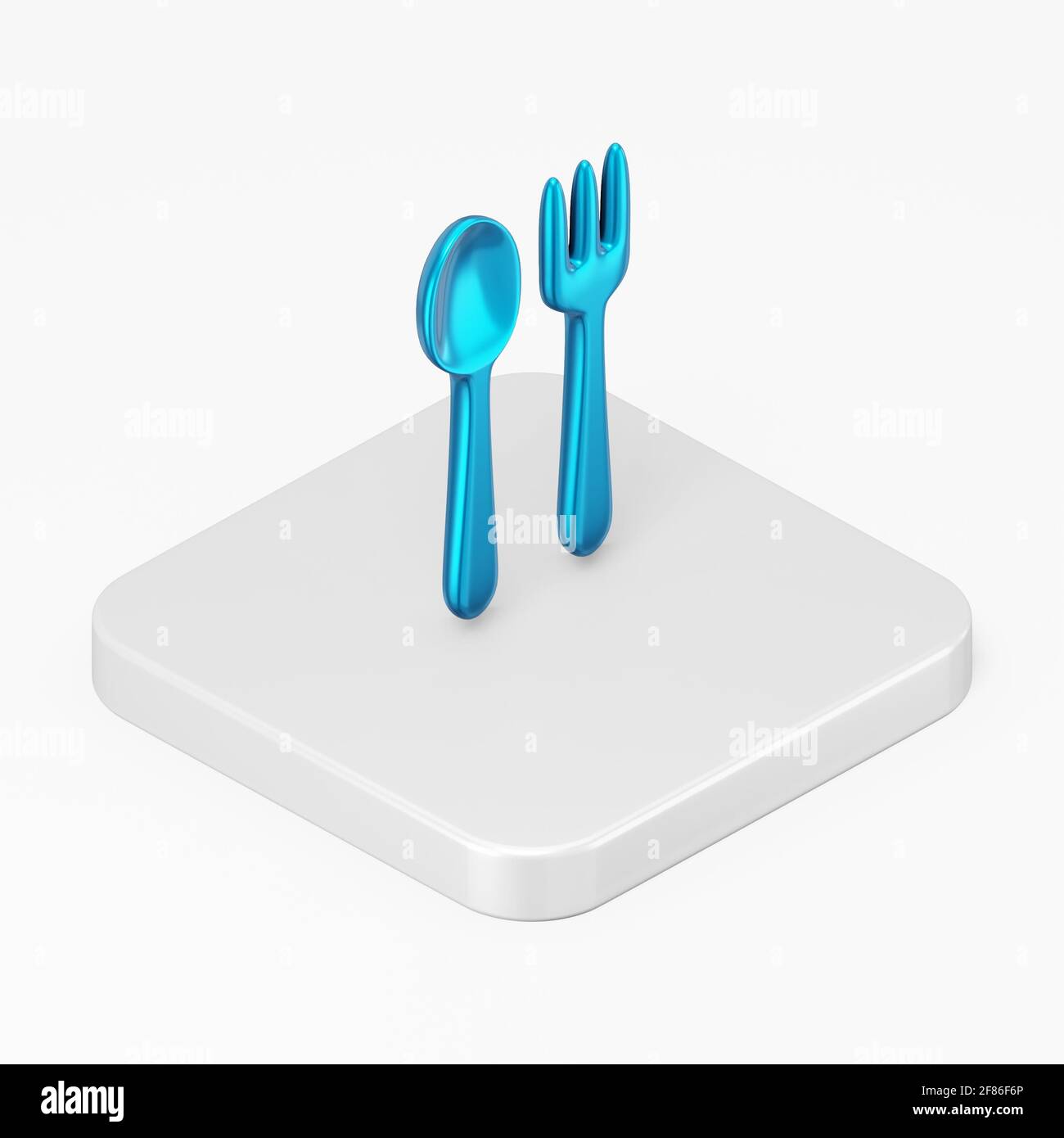 Blue spoon and fork icon. 3d rendering square button key isometric view, interface ui ux element ...