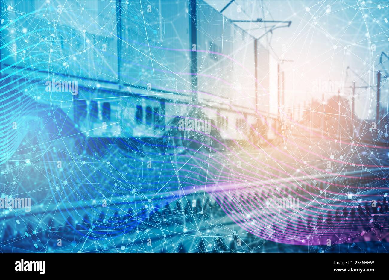 Train freight transportation. Cargo transit. Connected lines and dots ...