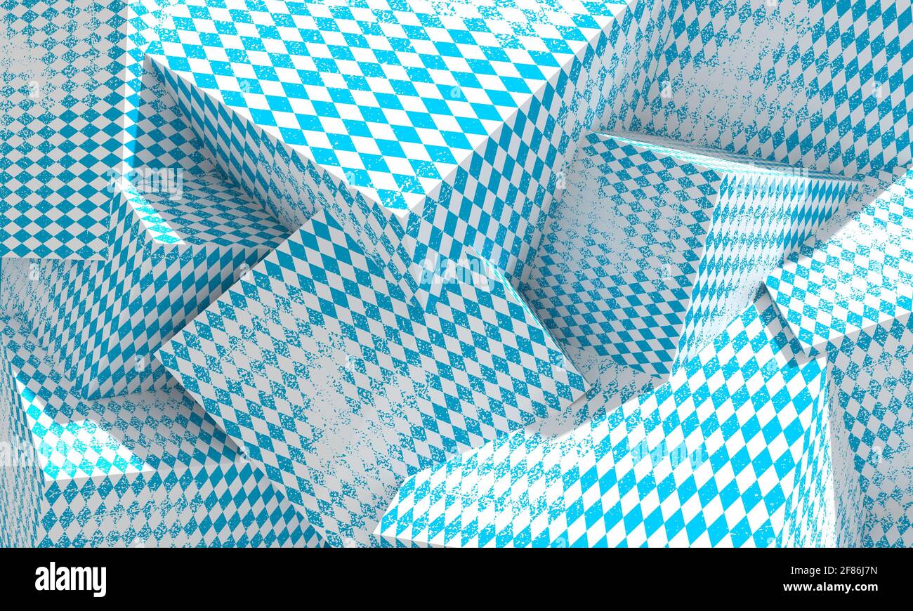 Chaotic geometry shapes textured by Octoberfest rhombus pattern. 3D ...